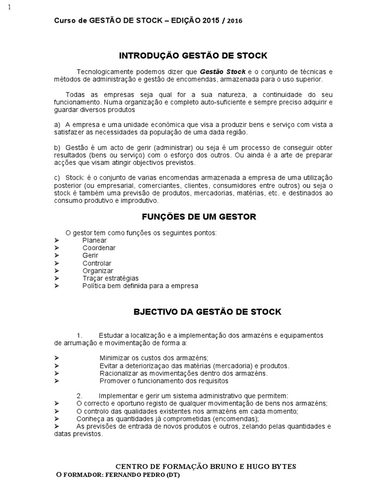 Gestão de Stock: Curso sobre conceitos, objetivos e etapas | PDF ...