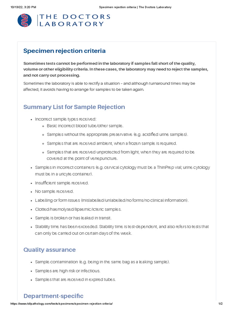 Blood Sample Rejection Criteria Guide | PDF | Anatomy | Medical Specialties