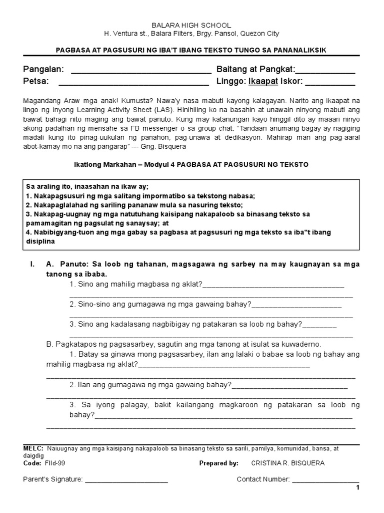 Las-Pagbasa at Pagsusuri-Wk-4-No.-1 | PDF