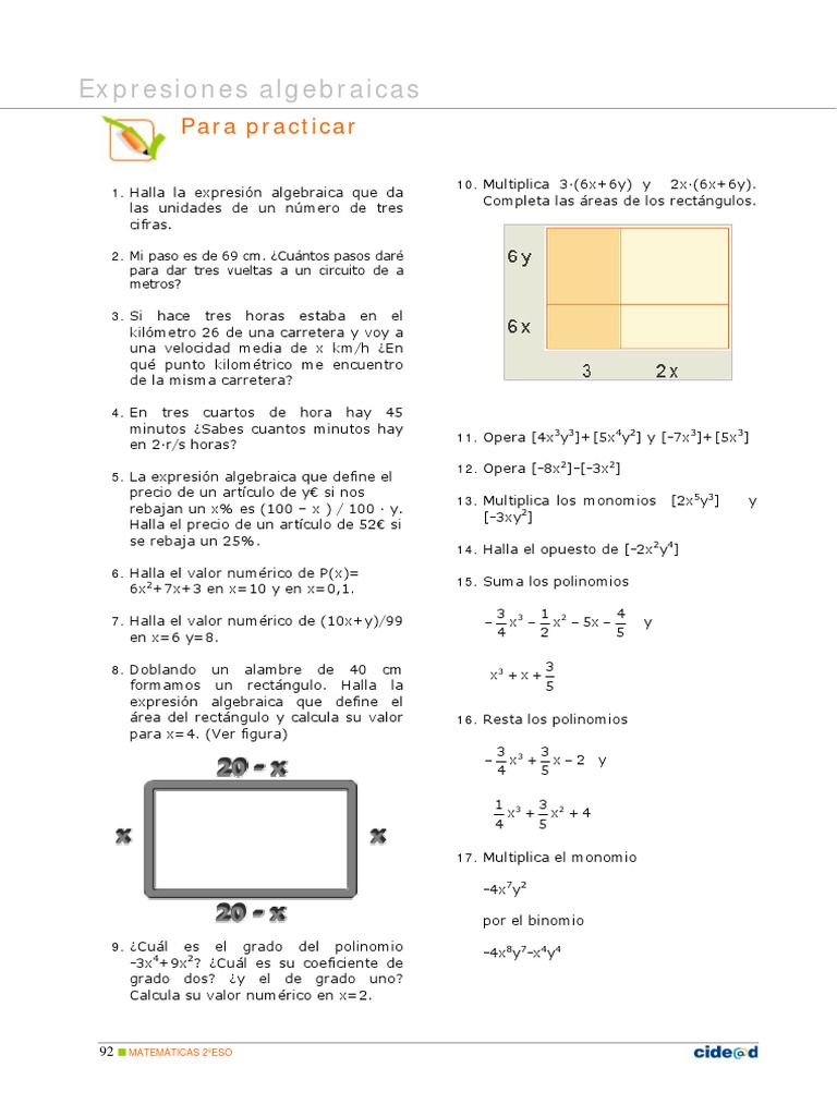 Ejercicios de Expresiones Algebraicas 2º ESO | PDF | Matemáticas De La ...