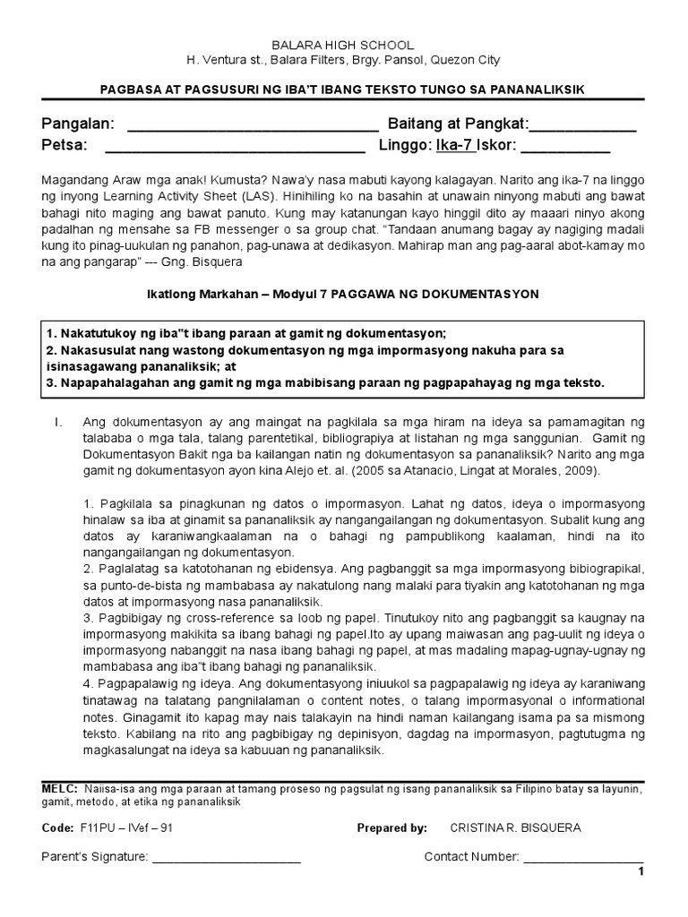 Las-Pagbasa at Pagsusuri-Wk-7-No.-1 | PDF