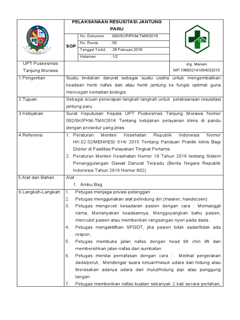 Sop Pelaksanaan Resusitasi Jantung Paru | PDF
