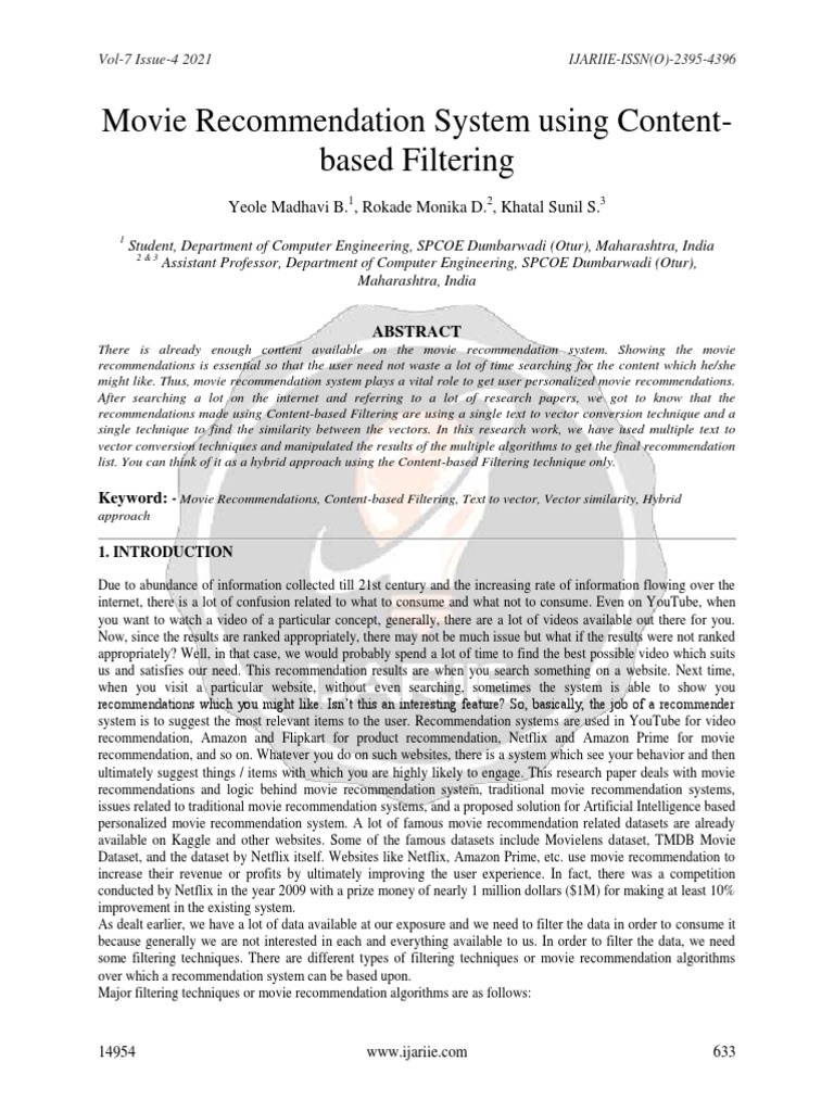 Movie Recommendation System Using Content Based Filtering Ijariie14954 ...