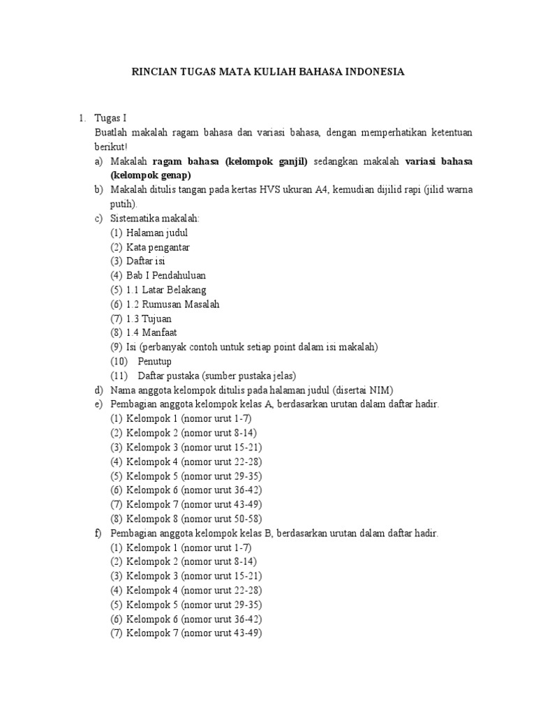 Rincian Tugas Mata Kuliah Bahasa Indonesia | PDF