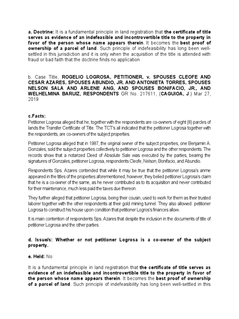 Logrosa Vs Sps Azares | Download Free PDF | Deed | Property