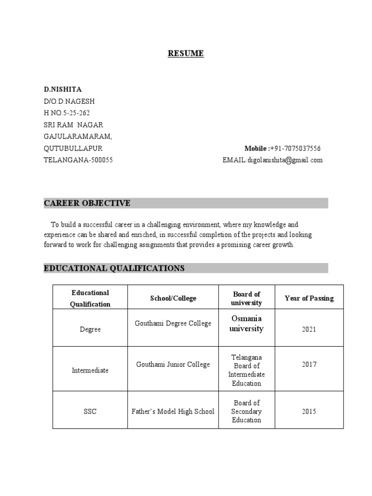 Nishitha RESUME | PDF | Behavior Modification | Cognitive Science
