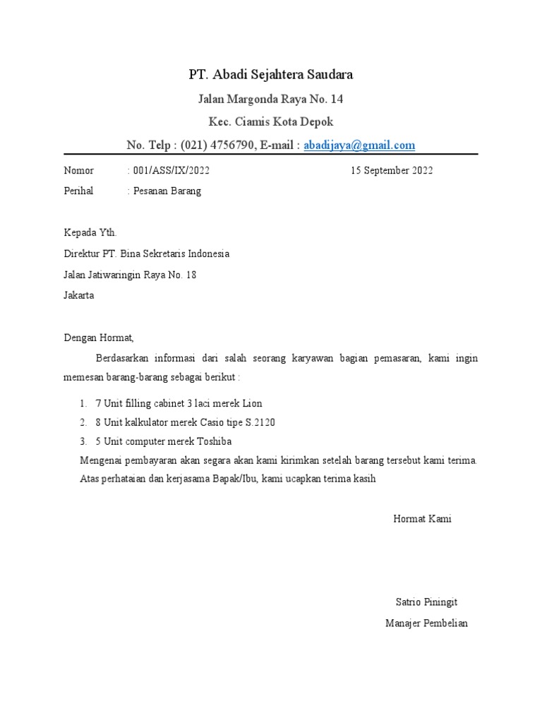 Pesanan dan Kerjasama PT. Bina Sekretaris | PDF