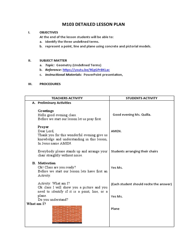 M103 Detailed Lesson Plan Undefined Terms | PDF | Infinity | Plane ...