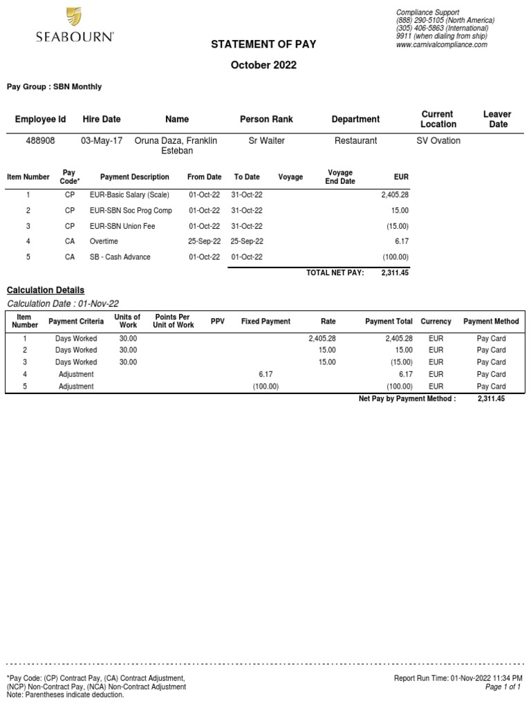 Statement of Pay October 2022: 488908 03-May-17 Oruna Daza, Franklin ...