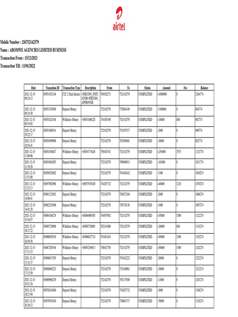 Airtel Statement 0752142579 | PDF | Money | Financial Transaction