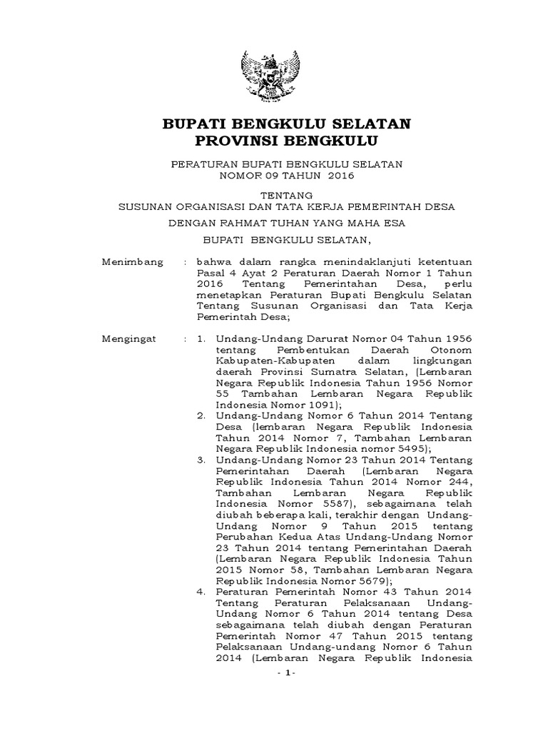 PERBUP No 09 TAHUN 2016 TENTANG SOTK PEMERINTAH DESA | PDF