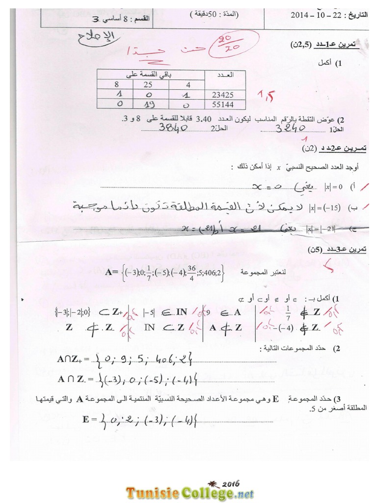 Devoir Corrigé de Contrôle N°1 - Math - 8ème (2014-2015) Mlle Manel | PDF