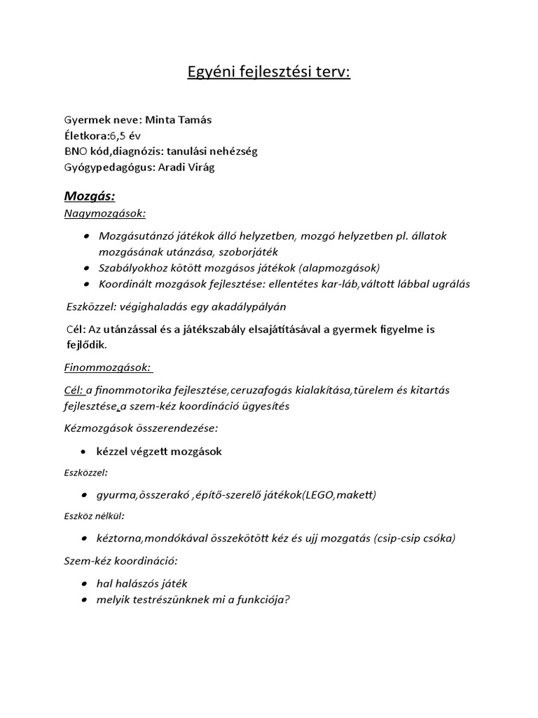 Egyéni Fejlesztési Terv (A.V) | PDF