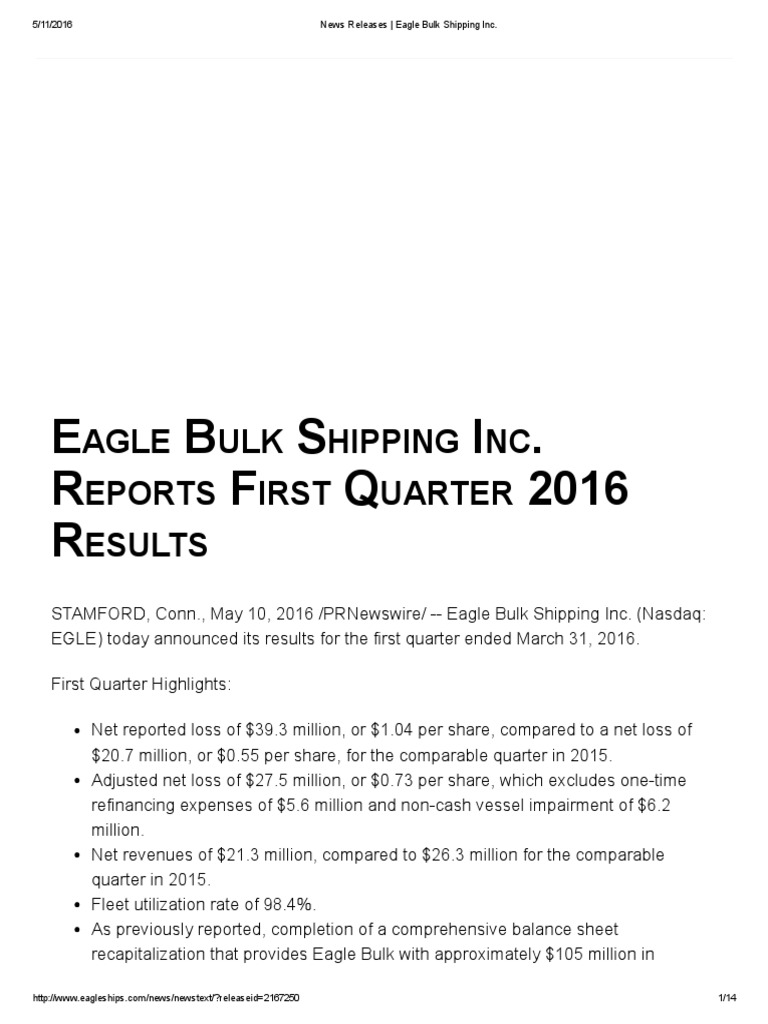 Eagle Bulk Shipping Inc 1Q 2016 Results | PDF | Equity (Finance) | Expense