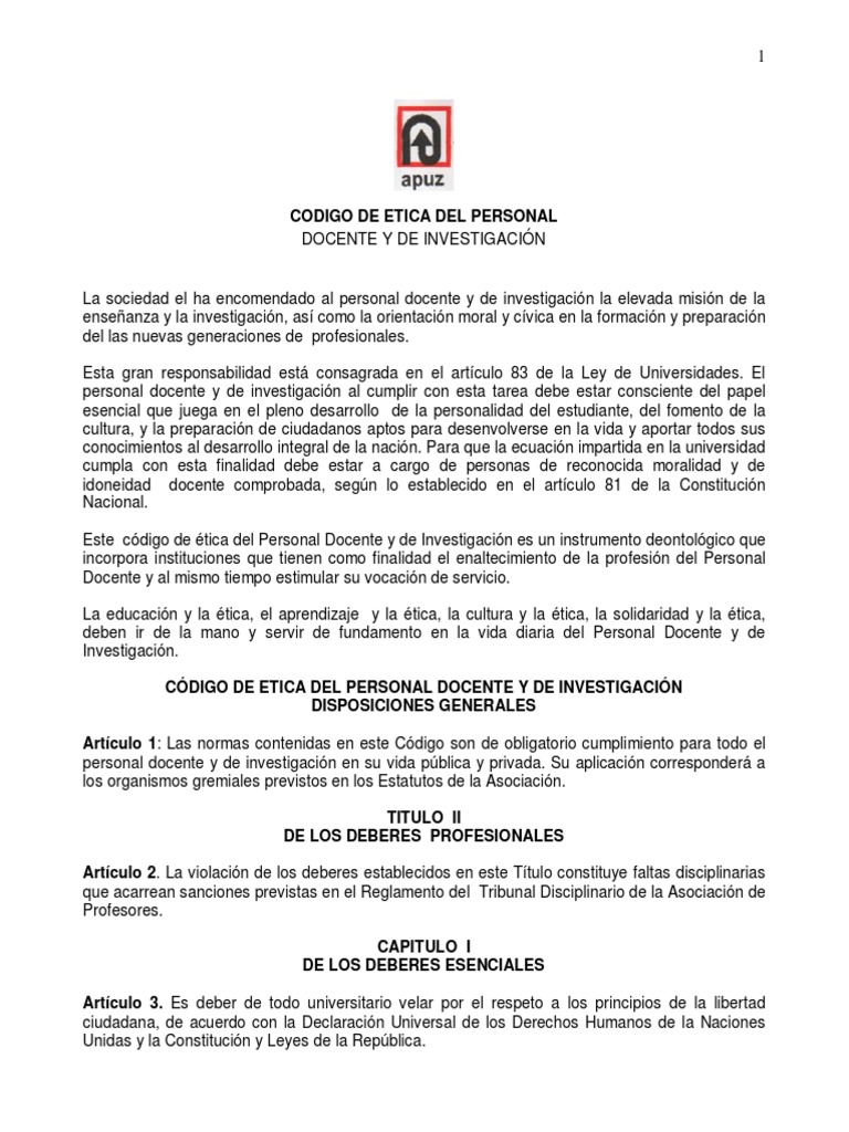 Código de Ética que rige la conducta del personal docente y de investigación de una universidad ...