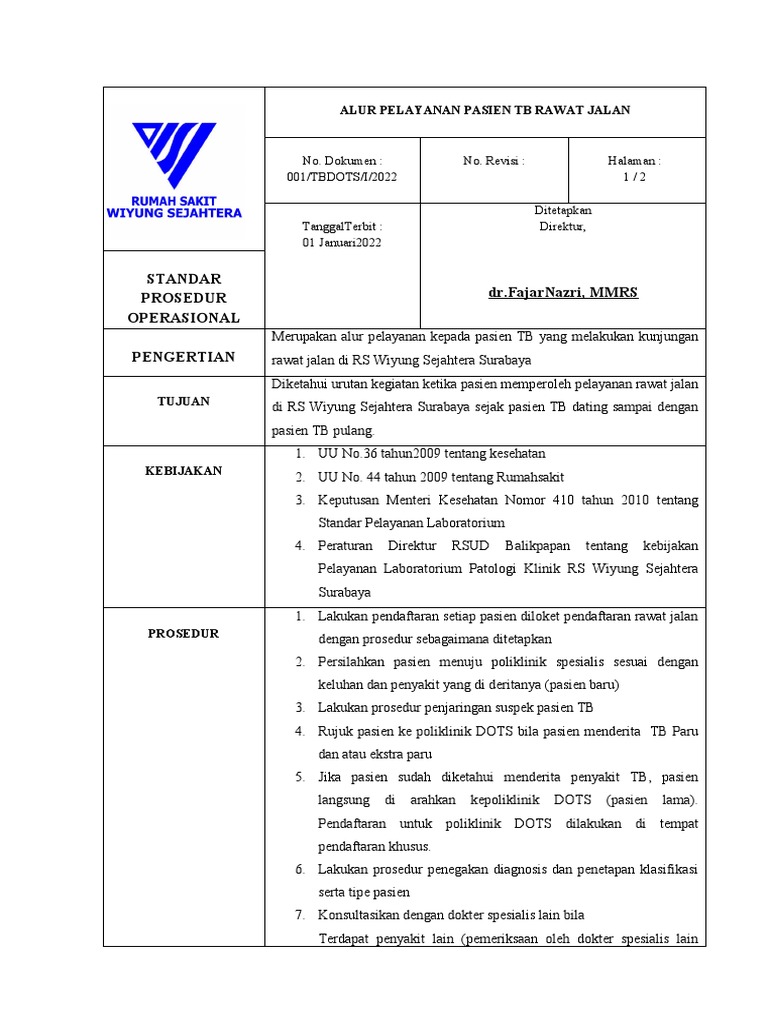 SPO Alur Pelayanan Pasien TB-Rawat Jalan RSWS | PDF