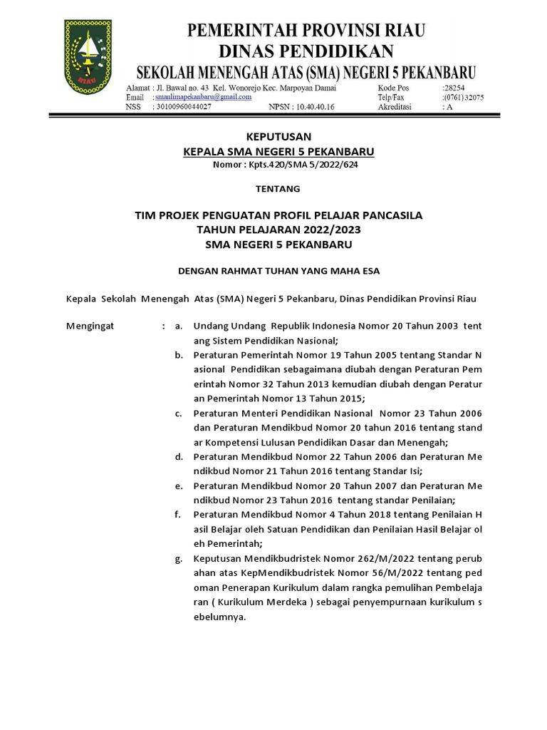 SK Tim Projek Penguatan Profil Pelajar Pancasila Tema 2 | PDF