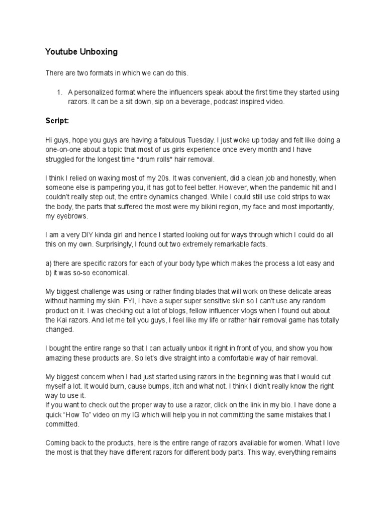 Youtube Unboxing: Script | PDF | Shaving | Hair Removal