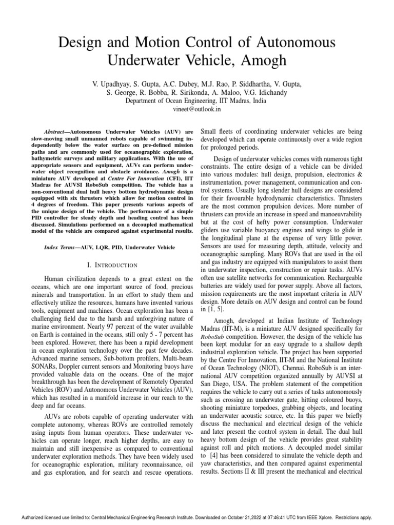 Design and Motion Control of Autonomous Underwater Vehicle Amogh | PDF ...