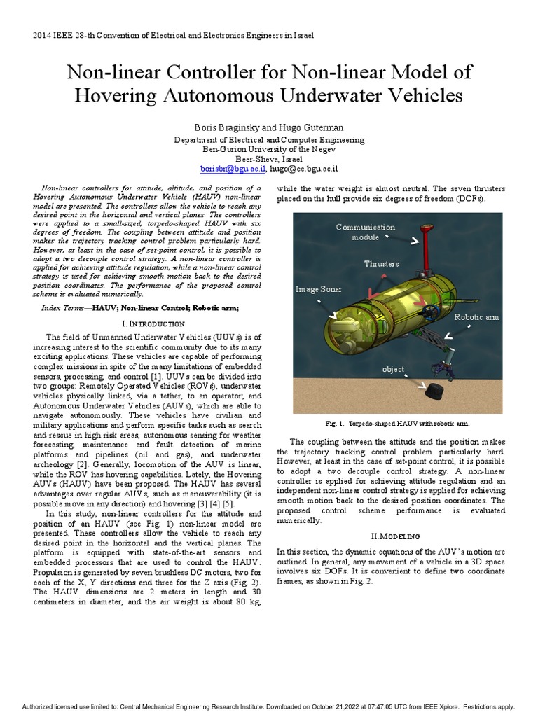 Non-Linear Controller For Non-Linear Model of Hovering Autonomous Underwater Vehicles | PDF ...