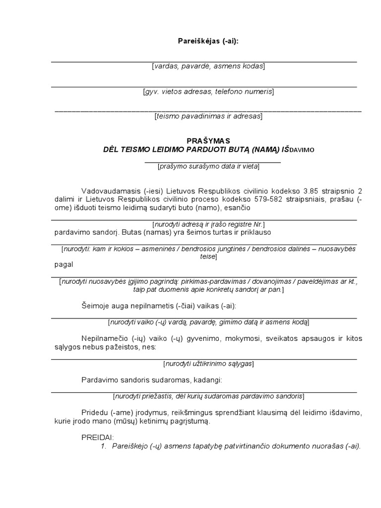 Prasymas Del Leidimo Parduoti Buta | PDF