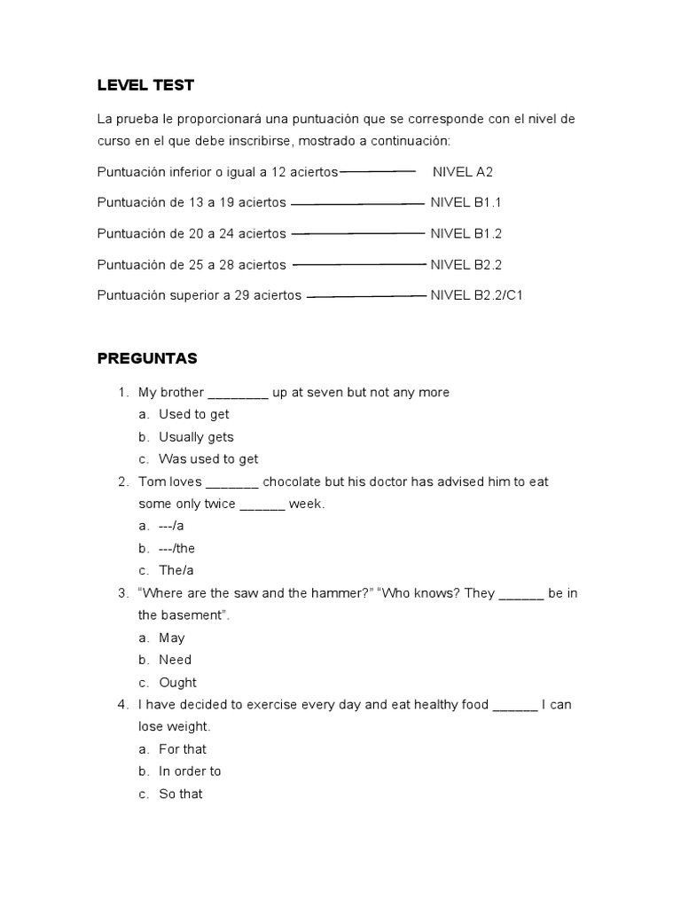 Prueba de Nivel A1-C1 | PDF