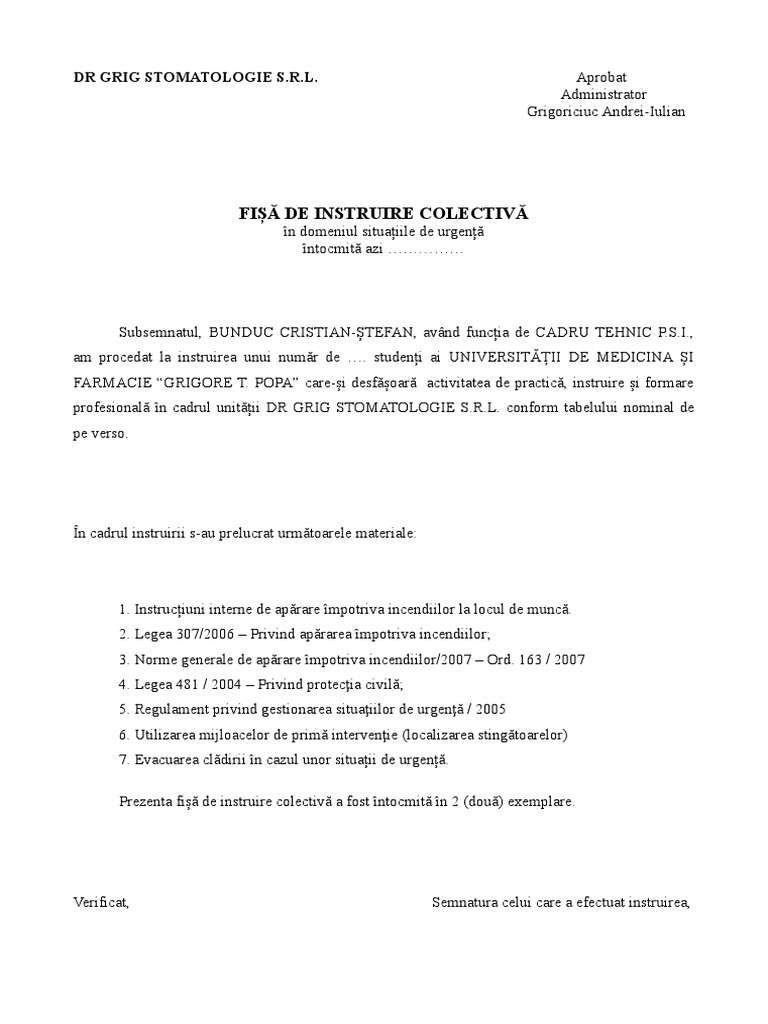 Fisa de Instruire Colectiva | PDF