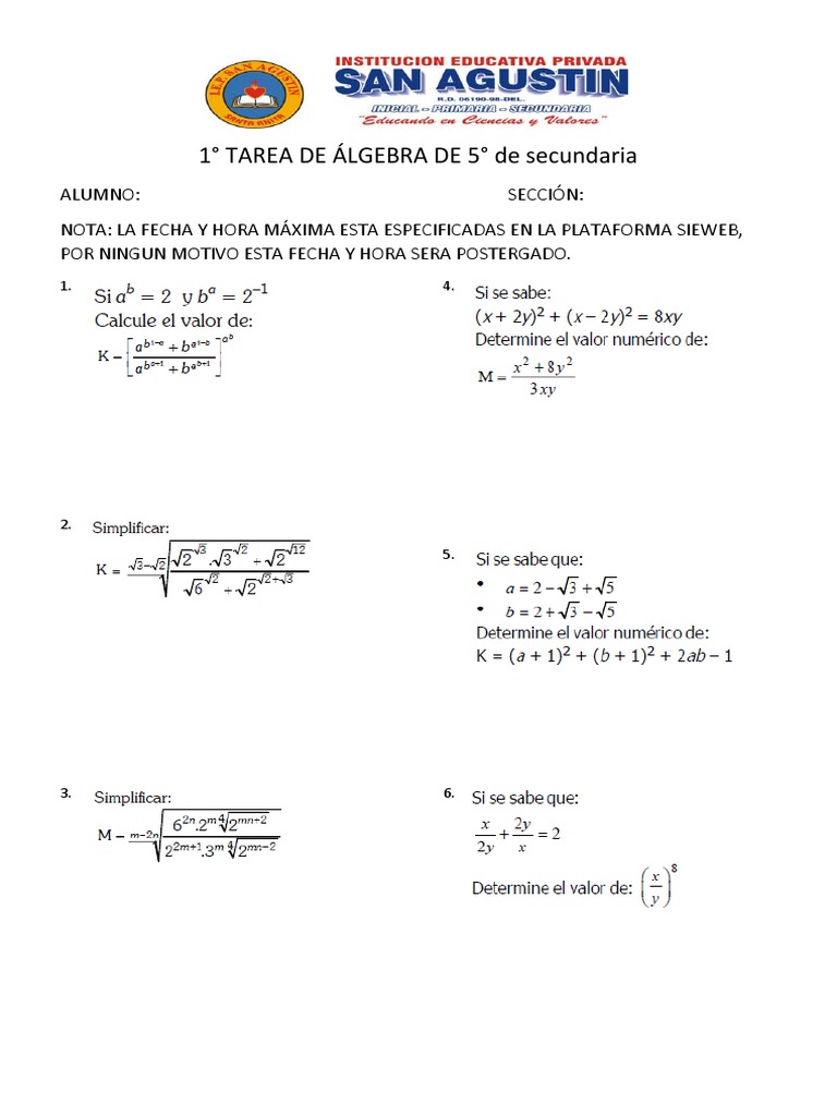 1°tarea Álgebra5° | PDF