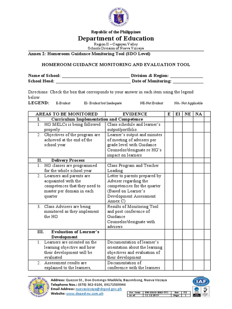 HOMEROOM GUIDANCE MONITORING AND EVALUATION TOOL SDO Level | PDF ...