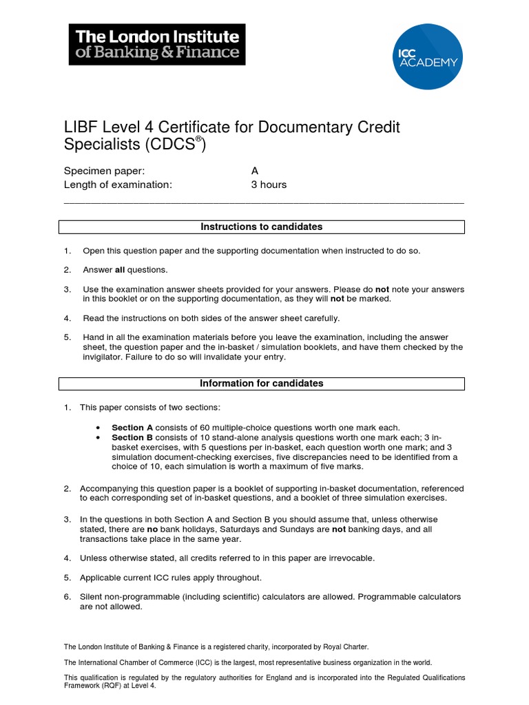 CDCS Specimen Paper A - 2017-18 | PDF | Letter Of Credit | Bill Of Lading