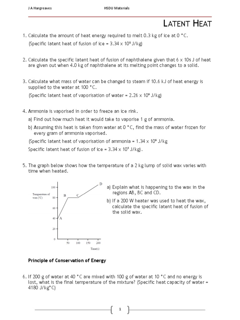 Latent Heat Worksheet AQA Latent Heat, Specific Heat Capacity