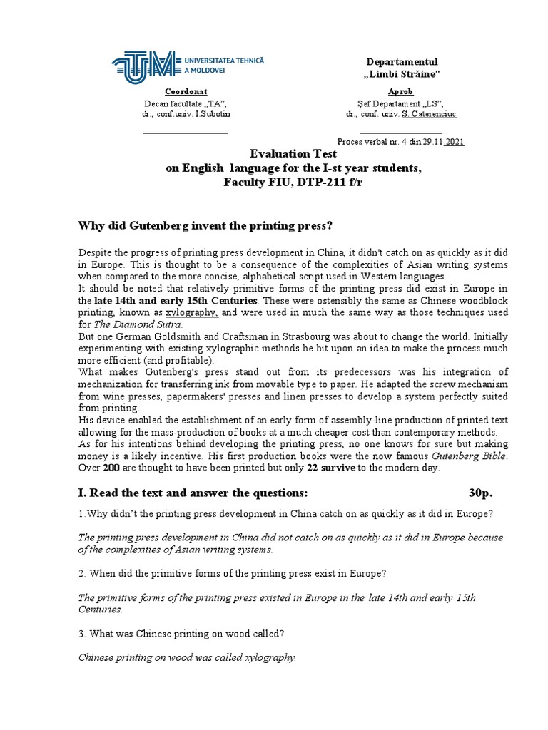 English Evaluation Test Overview | PDF | Printing | Printing Press