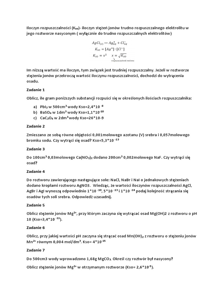 Iloczyn Rozpuszczalności Zadania Maturalne | PDF
