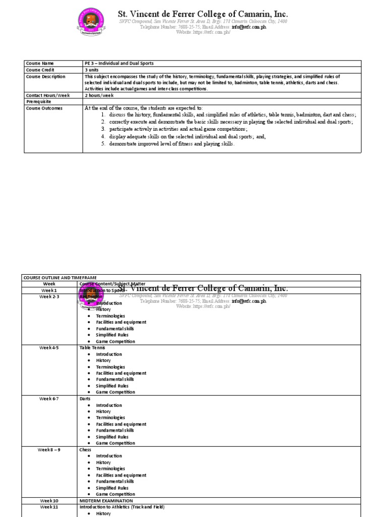 PE 3 Course Outline: Individual and Dual Sports | PDF | Sports | Sport ...