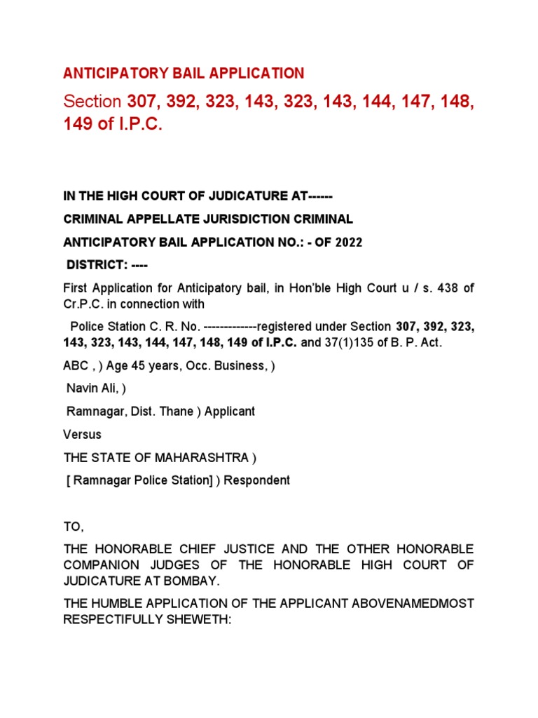 ANTICIPATORY BAIL APPLICATION Section 307, 392, 323, 143, 323, 143, 144 ...