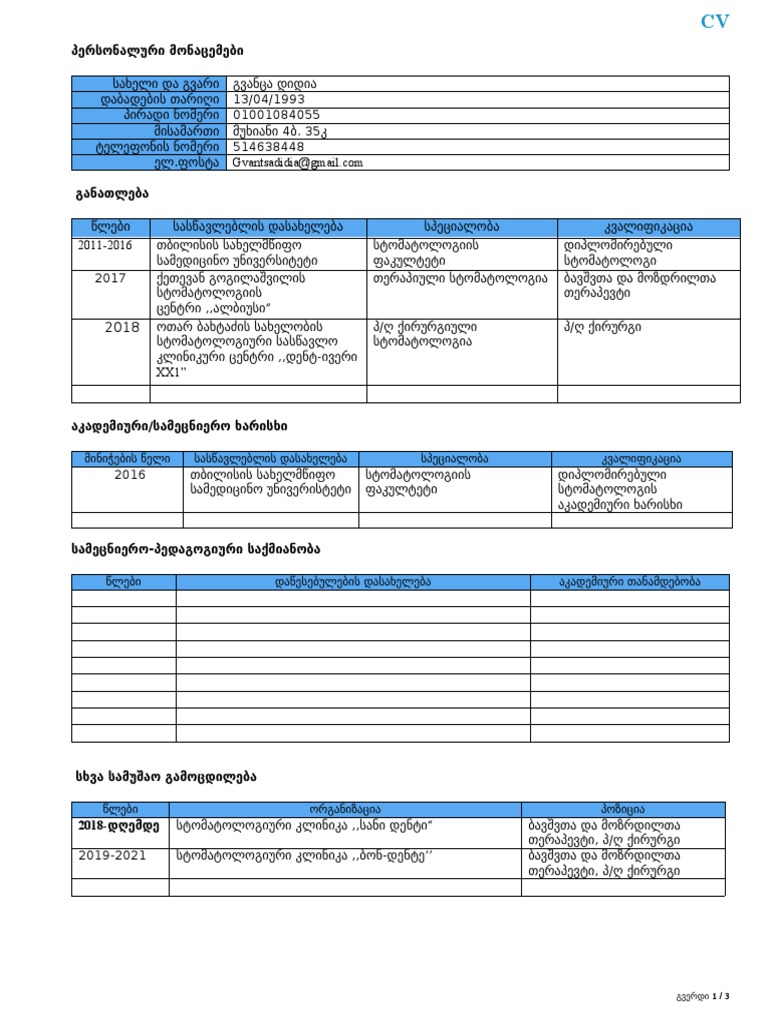 CV ის ფორმატი აკადემიური 2021 | PDF