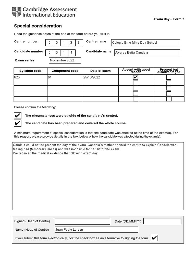 Special Consideration - Exam Day - Form 7 | PDF