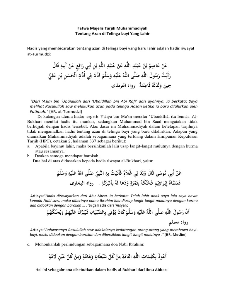 Fatwa Muhammadiyah: Azan di Telinga Bayi | PDF