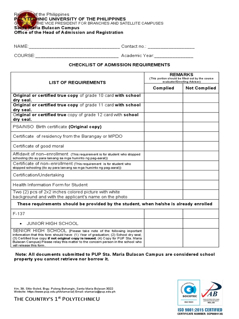 Attachment 1 INCOMING FRESHMAN CHECKLIST-OF-REQUIREMENTS TEMPLATEs ...