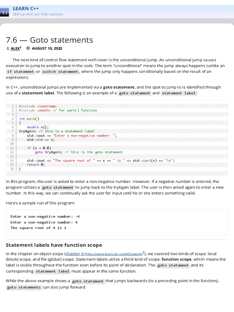 7.6 - Goto Statements - Learn C++ | PDF | Scope (Computer Science) | Control Flow