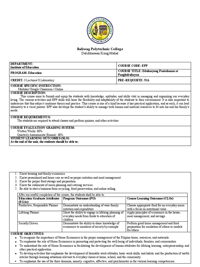 Baliwag Polytechnic College EPP Course Offers Practical Home Skills ...