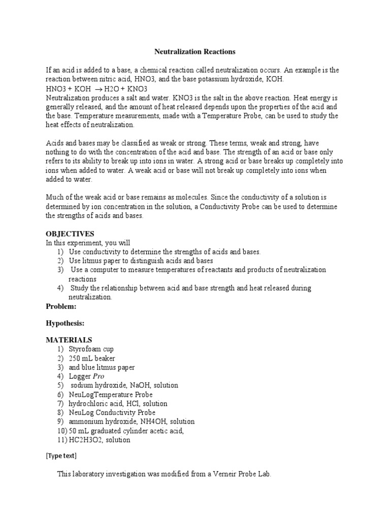 Neutralization Reactions Lab Experiment | PDF | Acid | Ph