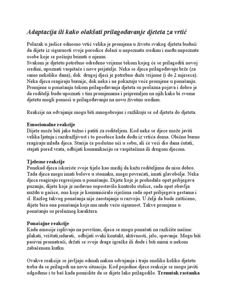 Adaptacija Ili Kako Olakšati Prilagođavanje Djeteta Za Vrtić | PDF