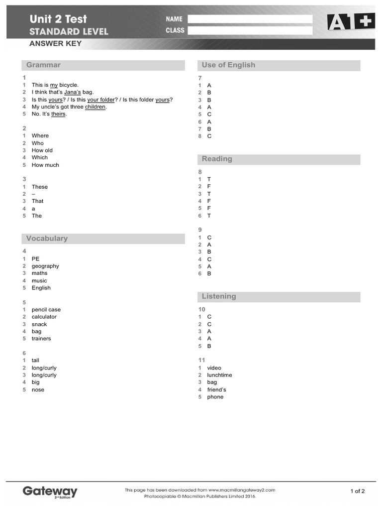 A1PLUS UNIT 2 Test Answer Key Standard | PDF | Communication ...