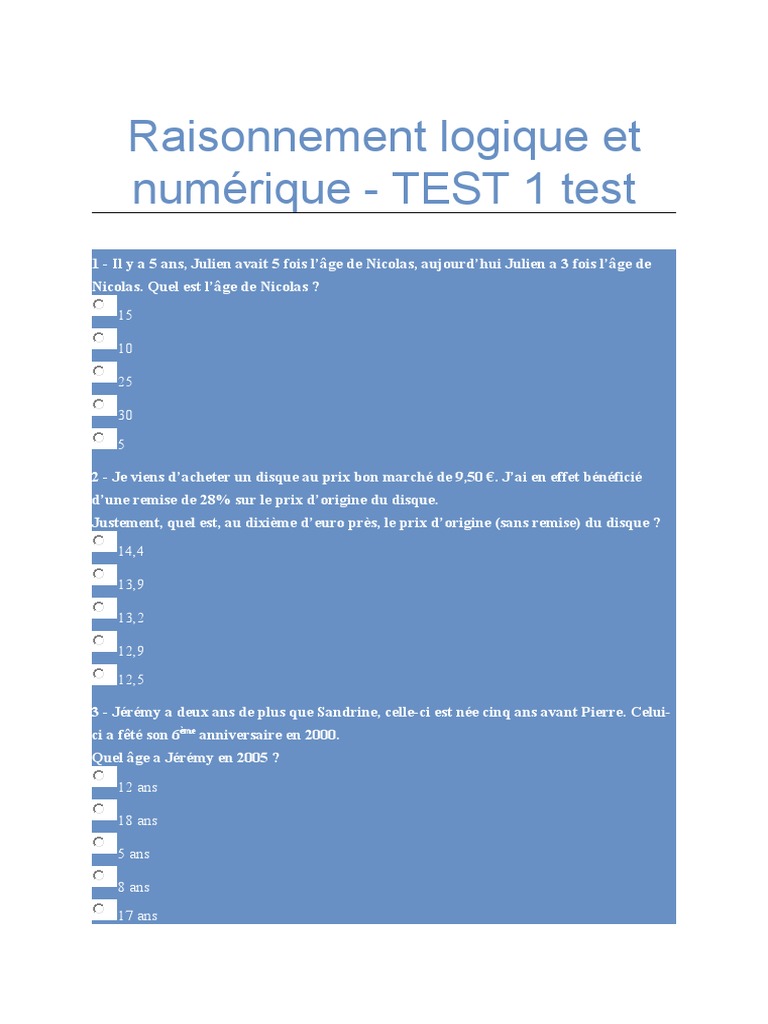 Test de Raisonnement Logique et Numérique | PDF