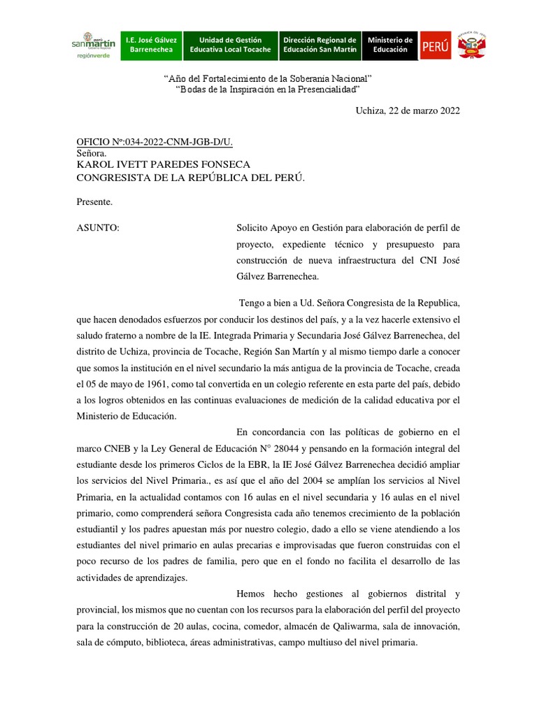 Oficio N°034-2022-Cnm-Jgb-D-U Karol | PDF | Perú | Gobierno