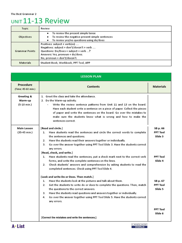 TBG2 - Lesson Plan - Review - U11-U13 | PDF | Verb | Question