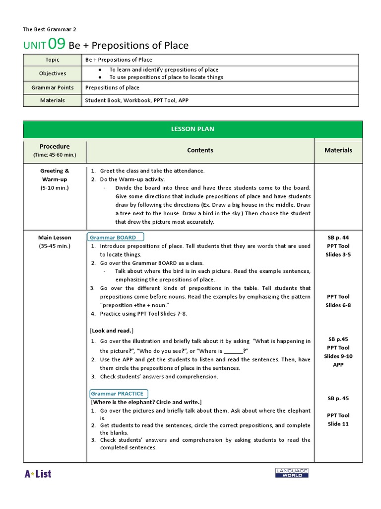 TBG2 - Lesson Plan - Unit09 | PDF | Preposition And Postposition ...