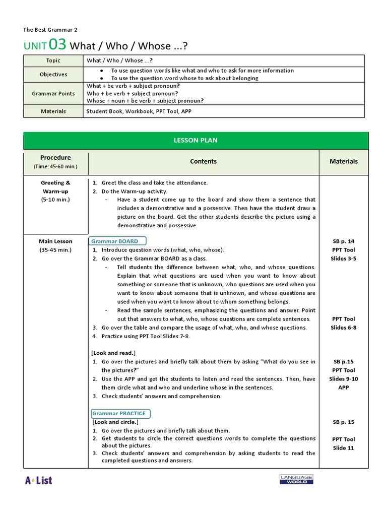 TBG2 - Lesson Plan - Unit03 | PDF