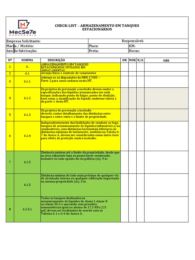 Checklist de Armazenamento em Tanques | PDF